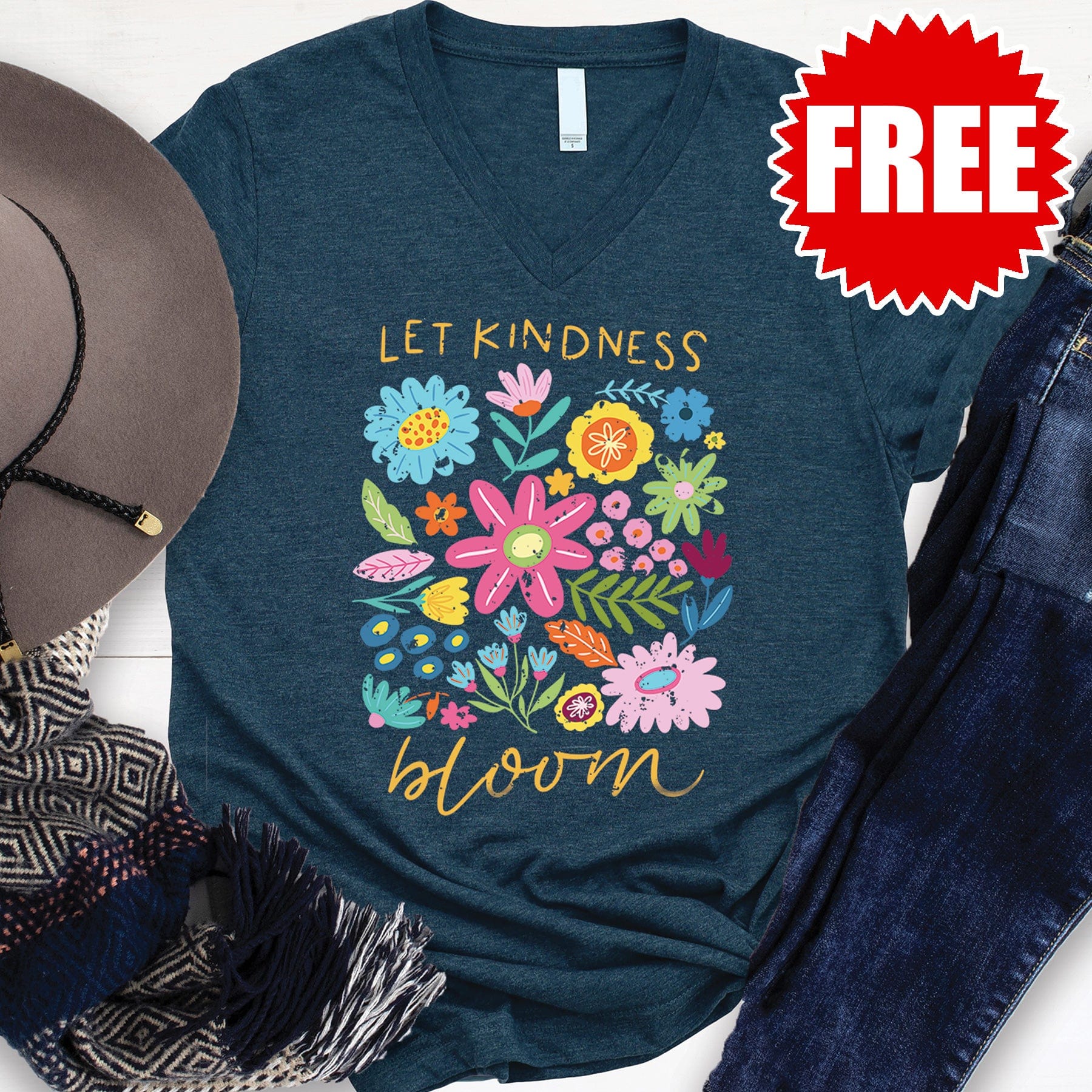 Let Kindness Bloom V-Neck - Heather Atlantic – Love in Faith