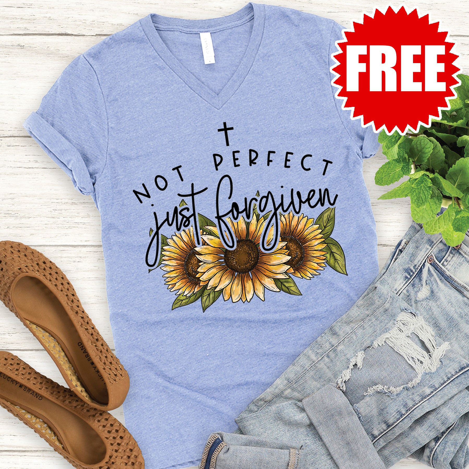 Forgiven Sunflower V-Neck - Heather Blue – Love in Faith