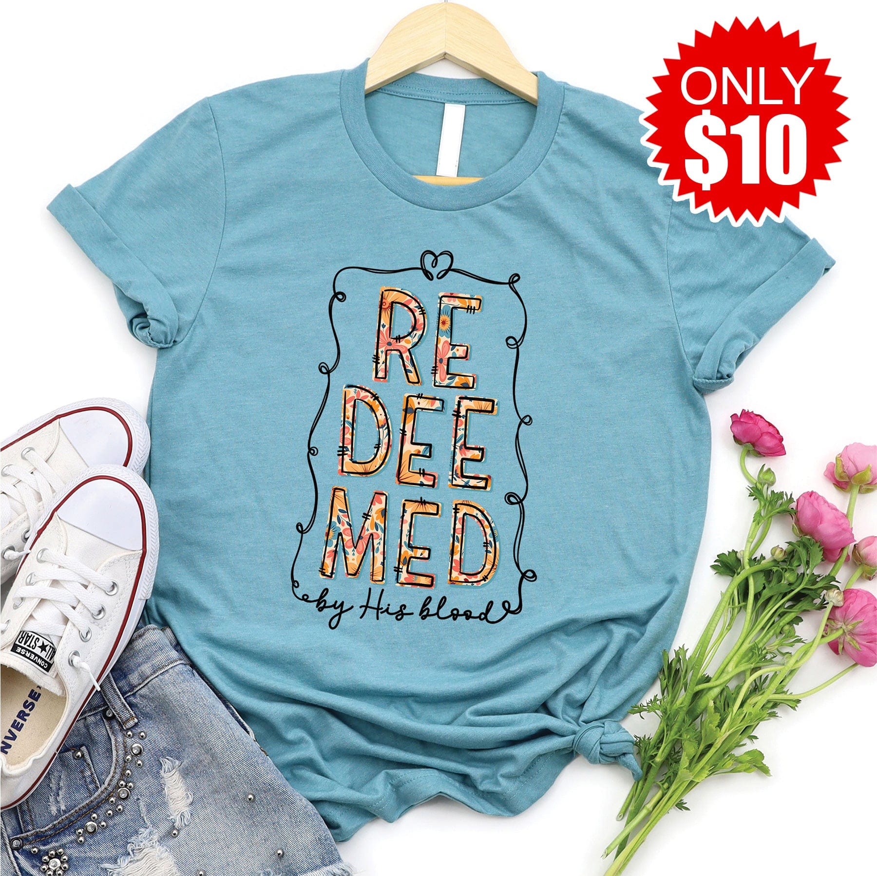 Redeemed Tee - Heather Lagoon – Love in Faith