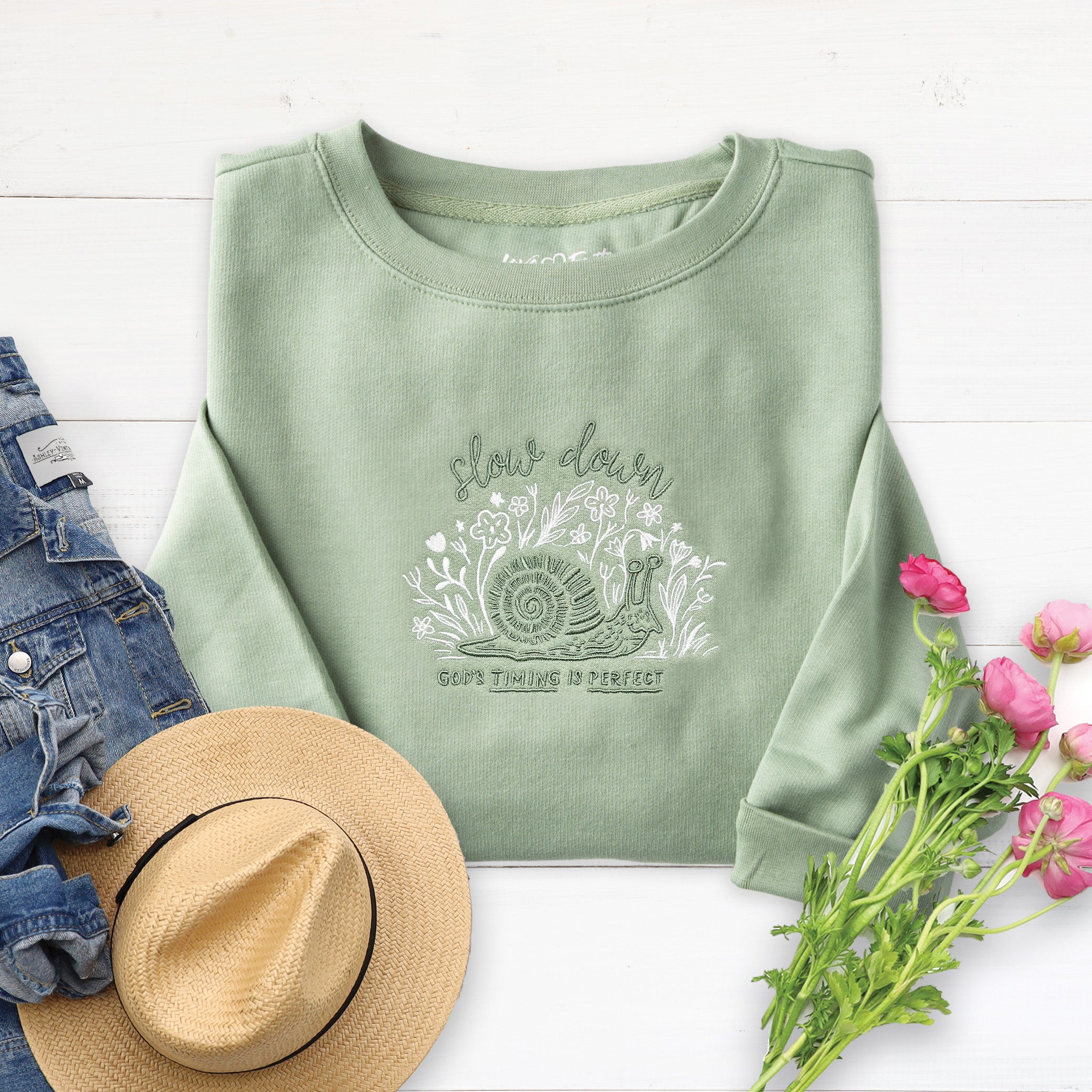 Slow Down Embroidered Crewneck Sweatshirt – Love in Faith