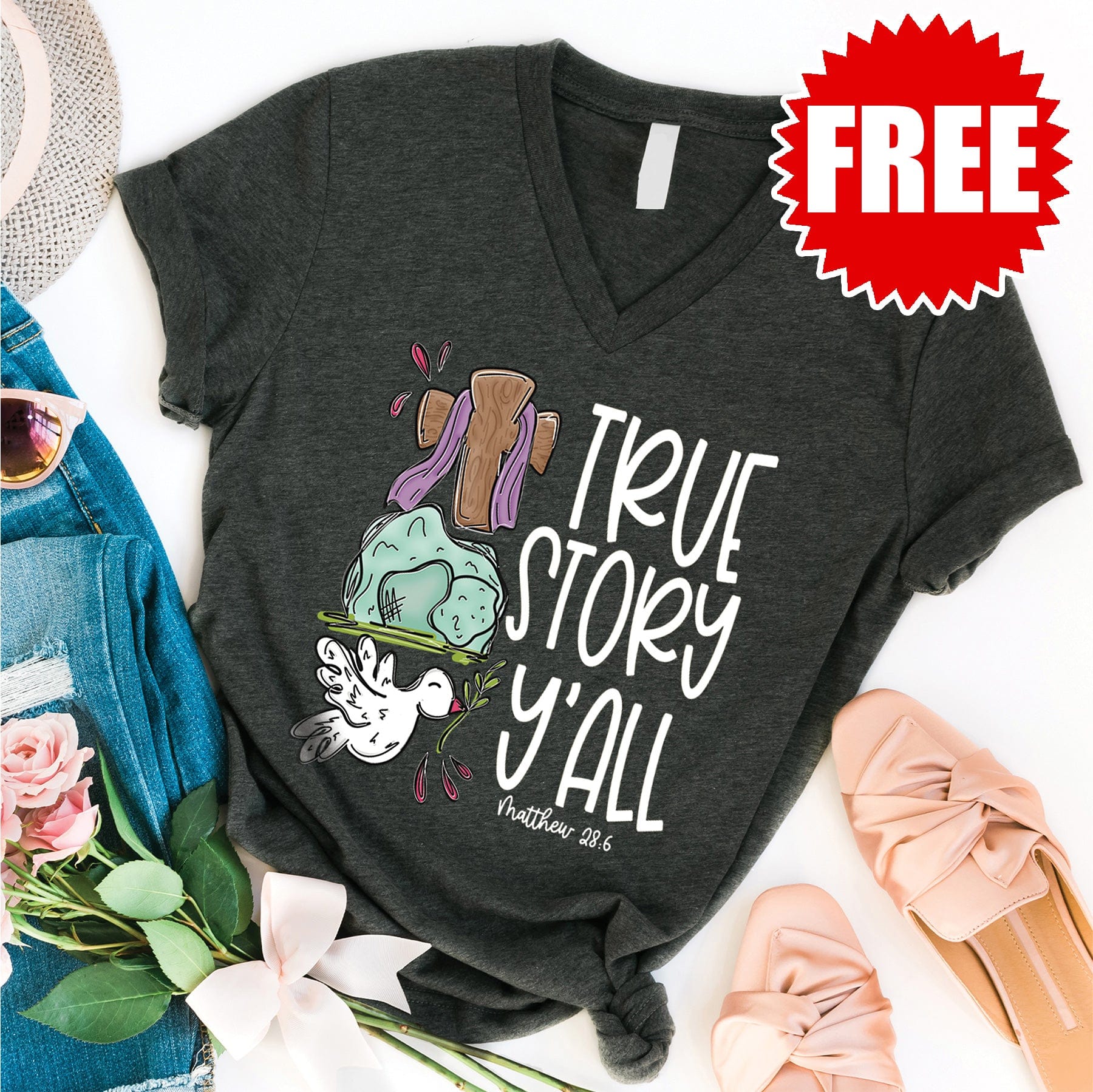 True Story Y’all V-Neck - Heather Charcoal – Love in Faith