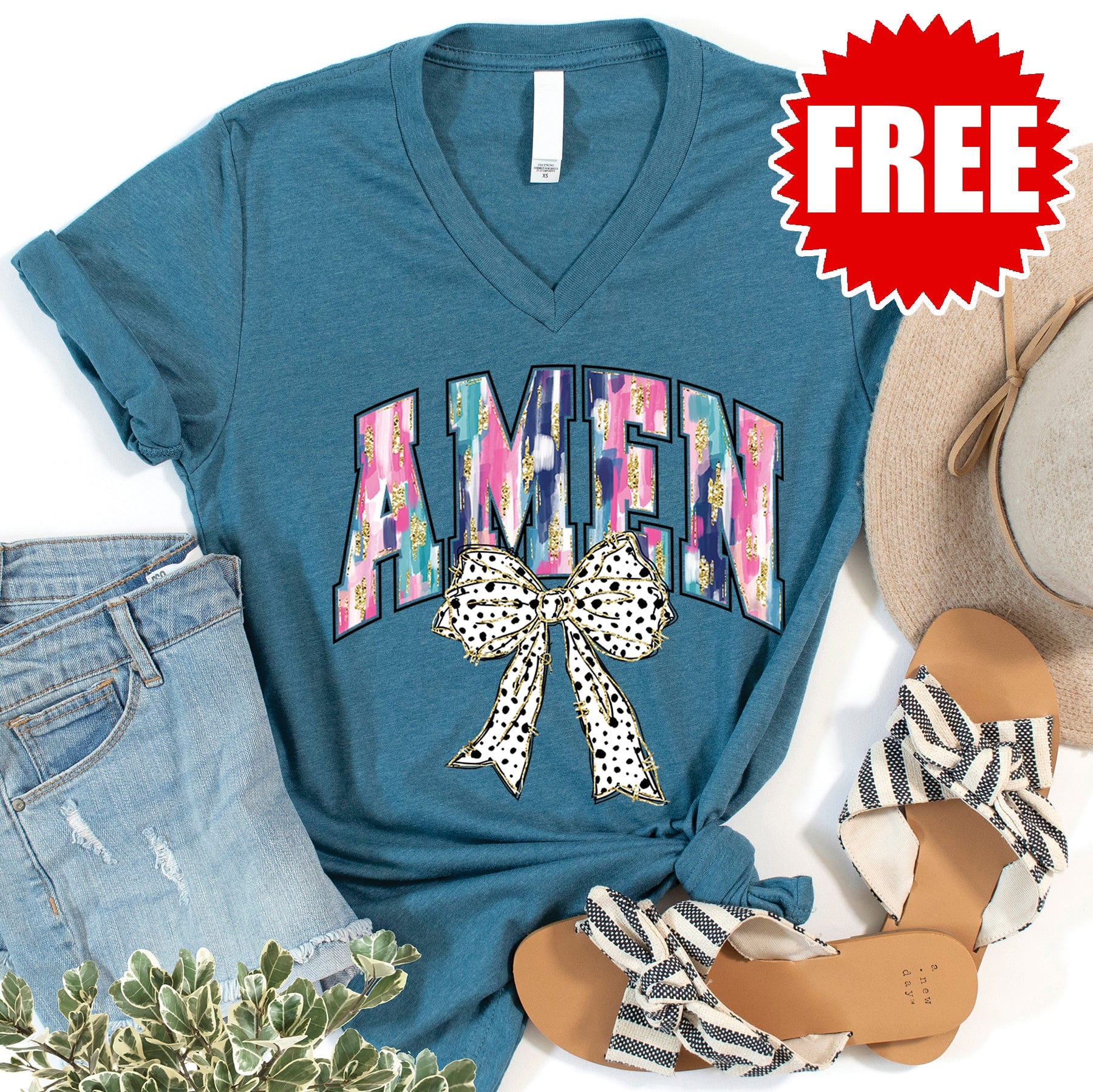 Amen Bow V-Neck - Heather Deep Teal – Love in Faith